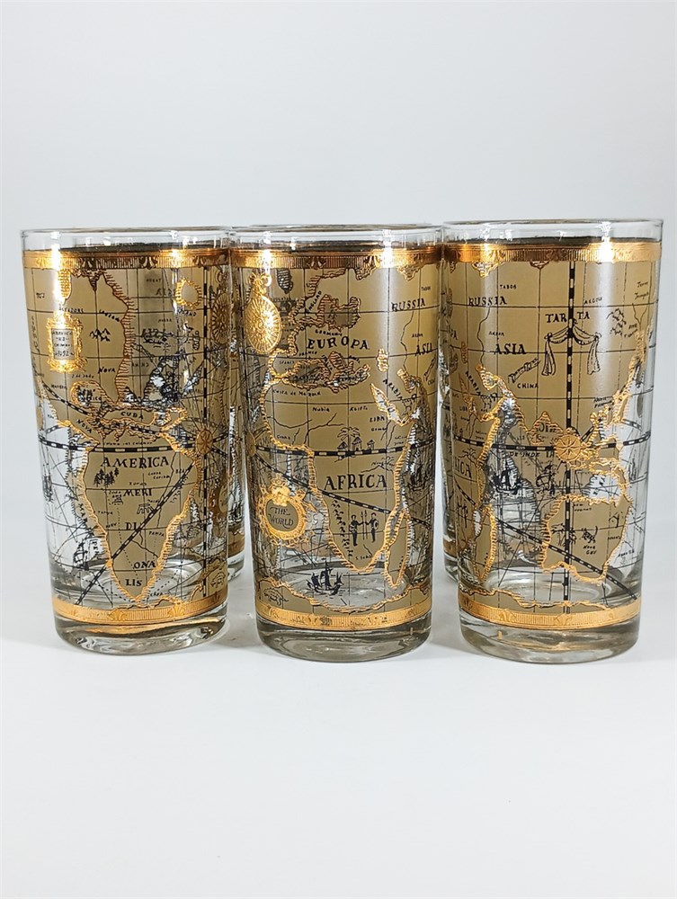 Great Lakes VNTG - Set of 6 MCM Glasses with Cera Old World Map and 22K ...